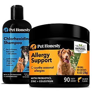 PetHonesty Chlorhexidine Shampoo + Allergy Support Soft Chew Bundle - All-Natural Dog Vitamins, Fish Oil for Dogs, Omega 3 for Dogs, Itch Relief, Shiny Dog Coat, Dog Shampoo for Allergies