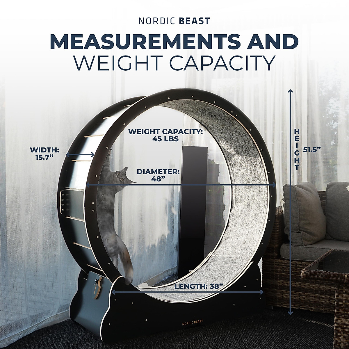 48'' Large Cat Wheel – Size Which Doesn't Negatively Affect Cat's Spine – Nordic Beast, Cat Exercise Wheel Indoor, Cat Wheels for Indoor Cats, Cat Treadmill, Cat Running Wheel, Cat Wheel Exerciser
