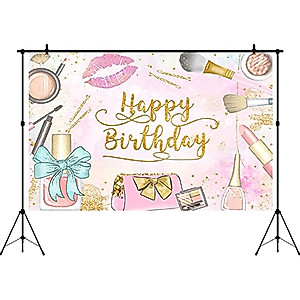 Aperturee Makeup Spa Happy Birthday Backdrop 5x3ft Girls Women Princess Pink Glamour Cosmetics Beauty Make Up Photography Background Sweet 16th Banner Party Decorations Photo Booth Shoot Studio Props