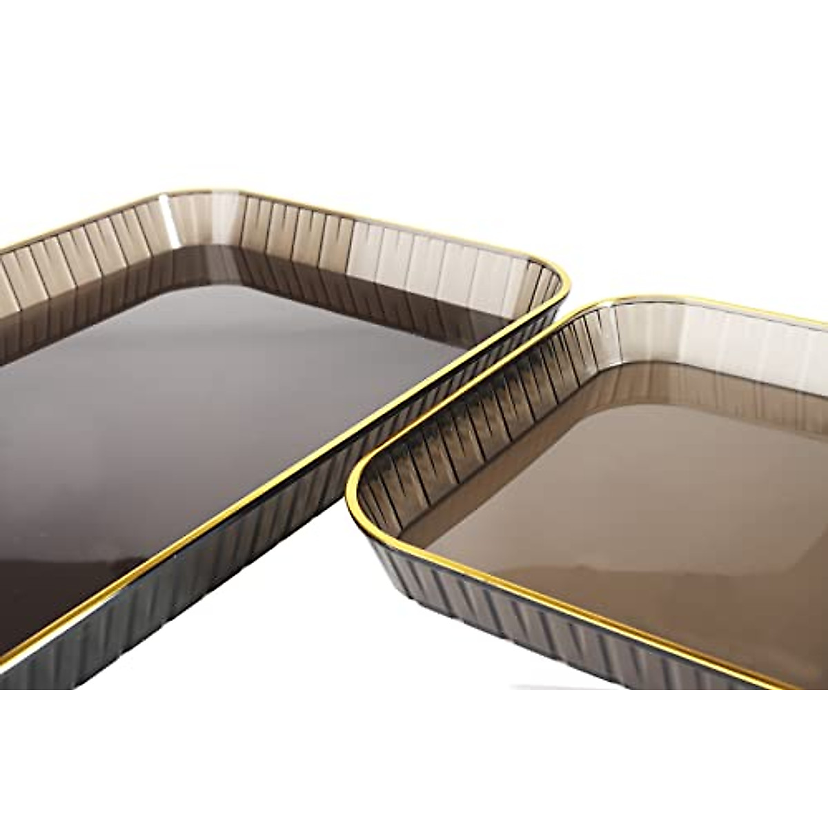 Non-Slip Rectangular+Square Plastic Serving Tray Coffee Table Trays (12x7/6 Inch ) with Gold Border for Kitchen Coffee Table Decor Storage Accessories(Brown)