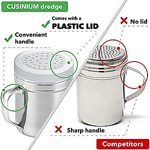 CUSINIUM Metal Salt Pepper Dredge Shakers - With Handle - Seasonings Spice Shakers With Holes and Lids - 10 Ounce, 2pcs