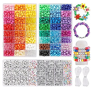 Quefe 3960pcs Pony Beads for Bracelet Making Kit 48 Colors Kandi Beads Set, 2400pcs Plastic Rainbow Bead Bulk and 1560pcs Letter Beads with 20 Meter Elastic Threads for Craft Jewelry Necklace