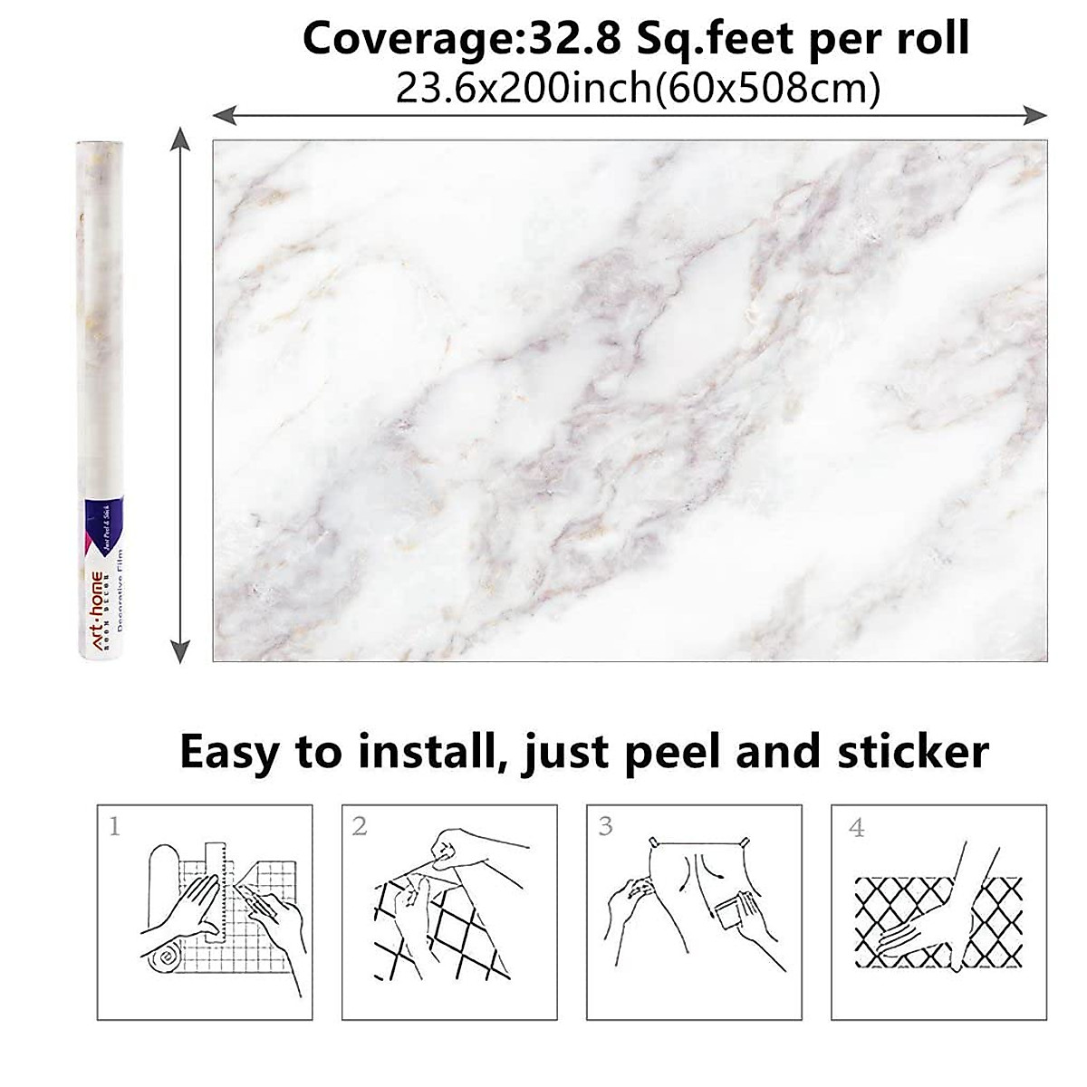 Arthome Marble Contact Paper Peel and Stick Wallpaper 17''x120'' Self Adhesive Decorative Vinyl Film Waterproof for Table,Countertop,Cabinet,Shelf Liner Removable Stick On Wall Covering