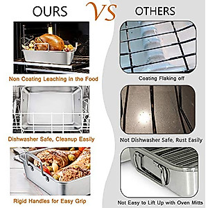 TeamFar Roasting Pan with Rack, 14 Inch Stainless Steel Turkey Roaster Lasagna Pan with V-Shaped Rack & Cooling Rack, Healthy & Durable, Brushed Surface & Dishwasher Safe, Rectangular - Set of 3