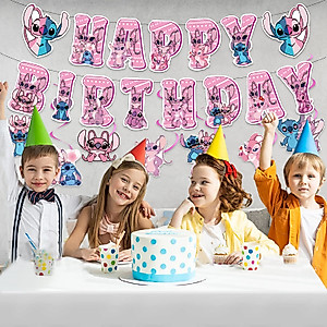 Stitch Birthday Decorations Stitch Pink Happy Birthday Banner Hanging Swirls for Birthday Party Supplies