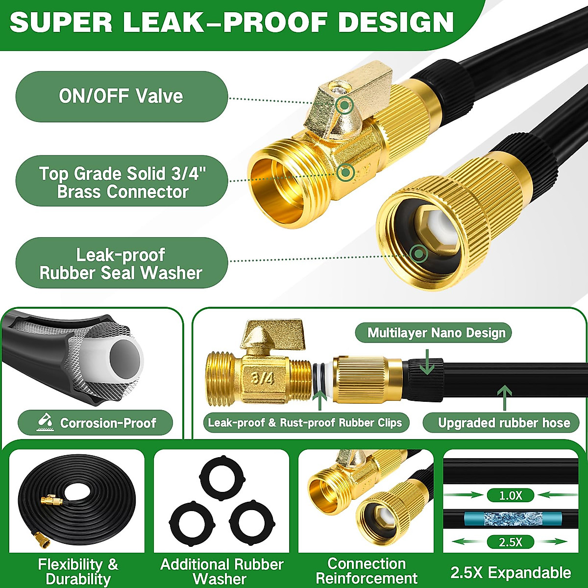 Expandable Garden Hose 100ft Durable Flexible 50 Layers Nano Rubber Lightweight No-Kink Water Pipe 10 Functions Spray Nozzle Water Hose 3/4'' Solid Brass Fittings Easy Storage for Outdoor Yard Black