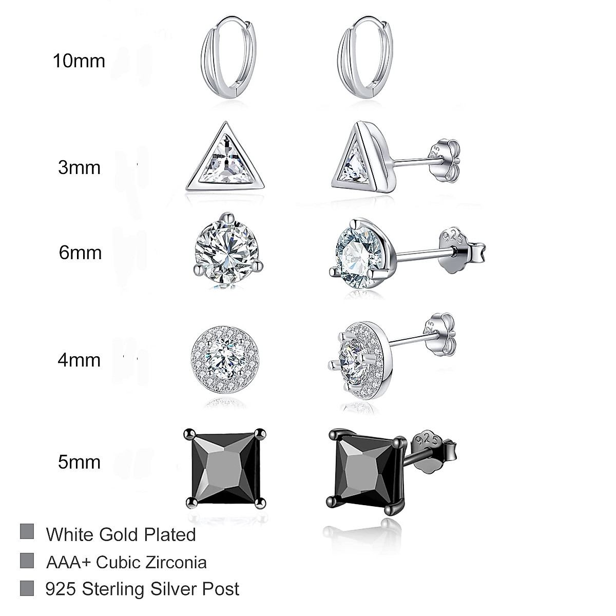 925 Sterling Silver Stud Earrings Set | Round Clear Cubic Zirconia Stud Earrings for Women | 5 Pairs Different Sizes Hypoallergenic Sterling Silver Earring Studs