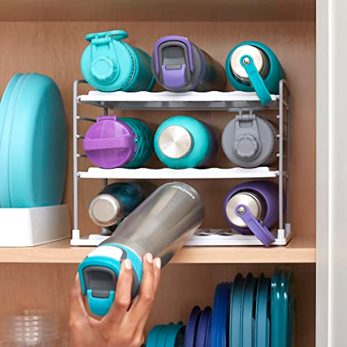 YouCopia UpSpace Water Bottle and Travel Mug Cabinet Organizer, Adjustable Storage Rack for Kitchen Organization, 3-Shelf