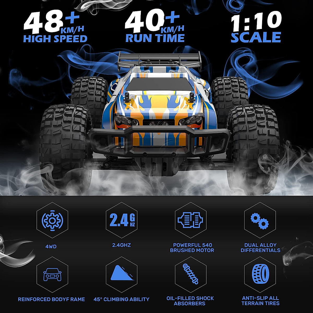 Holyton 1:10 Large High Speed Remote Control Car with LED Shell Lights, 48+ KM/H, 4WD Offroad Monster Truck for Adults & Kids, Hobby RC Truck Vehicle, 2 Battery Crawler Toy Gift for Boy