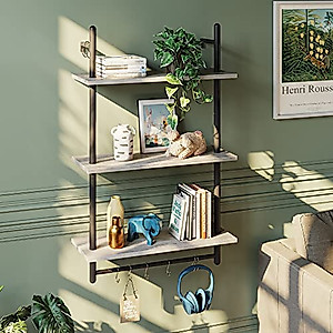 Bestier Floating Shelves, Storage Hanging Shelves for Wall Decor with Towel Bar and Hooks for Living Room Kitchen Coffee Bar, Grey