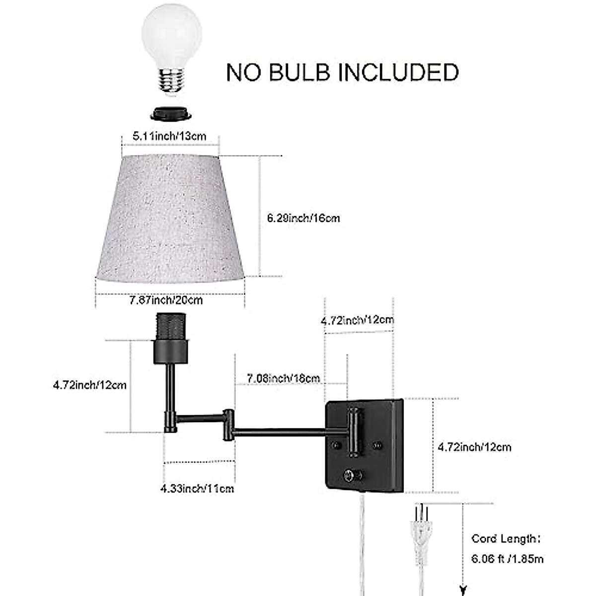 DTREEL Swing Arm Wall Lamp Plug in Cord Industrial Wall Sconce with On/Off Switch Wall Lights Fixtures 1-Light