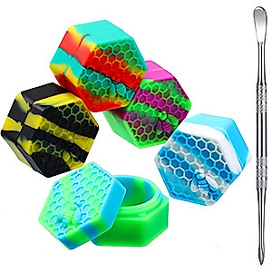 5 Pieces 26ml Hexagon Silicone Container Wax Carving Container Multicolored Silicone Honeybee Jars with Silver Carving Tool for Essential Oil, Lip Balm, Cosmetics Pigments