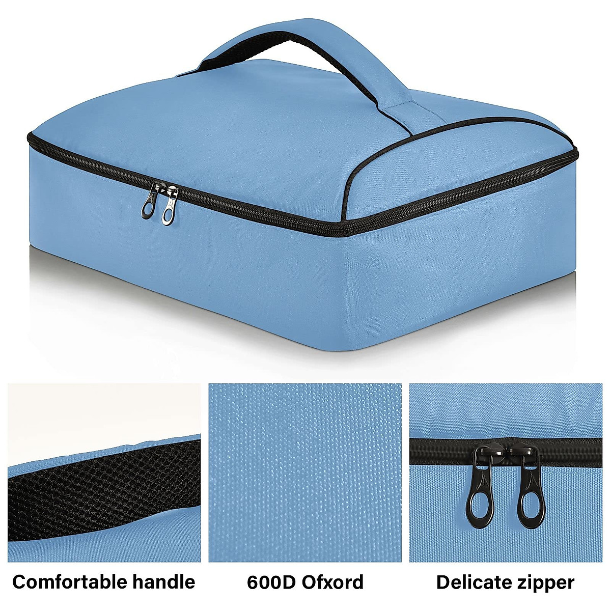 Kigai Plain Blue Gray Solid Color Double Insulated Casserole Carrier For Hot or Cold Food, Expandable Hot Food Carrier Bag, Insulated Food Bag for Parties, Beach, Picnic, Camping