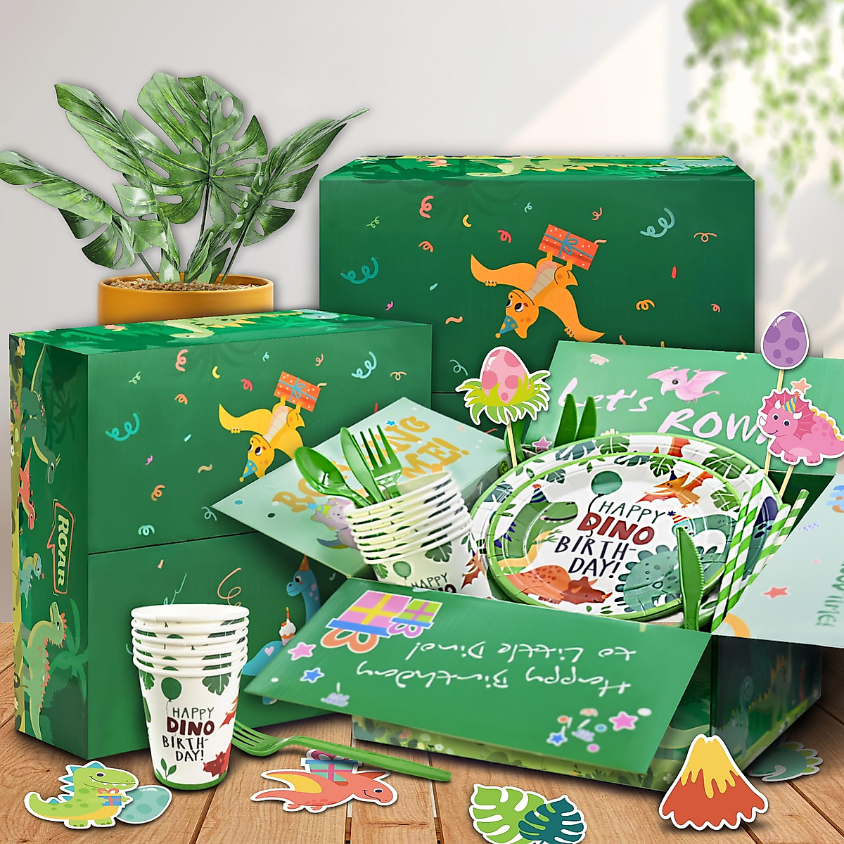 Party Spot! 260 Pcs Dinosaur Birthday Decorations, 20 Tableware Sets, Dinosaur Foil Balloons, Sticker, Banner, Dinosaur Paper Plates, Cups, Balloon Pump, Dinosaur Party Decorations
