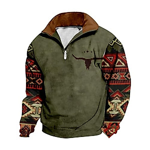 Graphic Sweatshirt for Mens Fashion Stand Collar Long Sleeve Pullover Tops Fall Winter Enthic Printed Sweatshirts with Elbow Patches,Sweatshirt With Zipper Pockets,Sweatshirt With Pockets