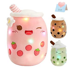 Athoinsu Light Up Strawberry Milky Tea Plush Pillow 15'' Kawaii Stuffed Bubble Animal Toy with LED Lights Birthday Christmas Holiday Valentines Gifts for Kids,Girls,Boys