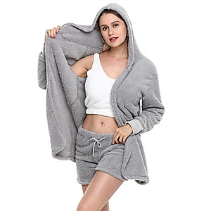 Womens Sexy Fuzzy Warm Sherpa Fleece 3 Piece Outfit Fleece Coat Jacket Pajamas Loungewear Outwear and Spaghetti Strap Crop Top Shorts Set (Grey, M)