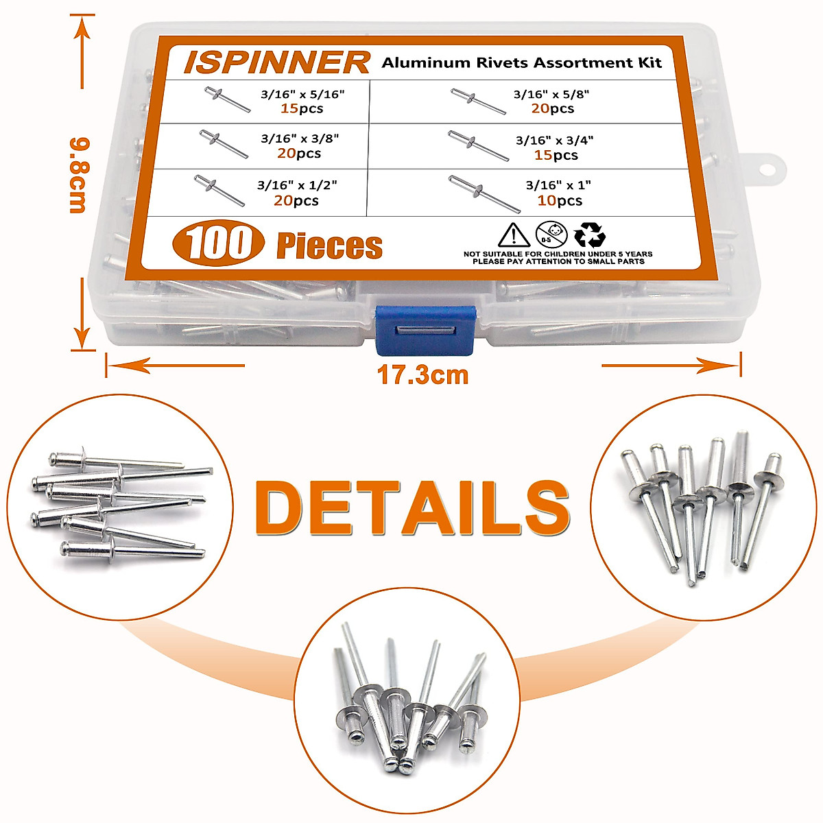 ISPINNER 100pcs 6 Sizes Aluminum Blind Rivets, Pop Rivets Assortment Kit 3/16" x (5/16" 3/8" 1/2" 5/8" 3/4" 1")(Silver)