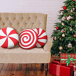 Kigley 3 Pcs Christmas Candy Cane Throw Pillow Red White Peppermint Round Spiral Lollipop Pillow Xmas Home Gift Set for Bedroom Bed Sofa Bench Couch Chair Cushion Holiday Decoration, 13.8 Inch
