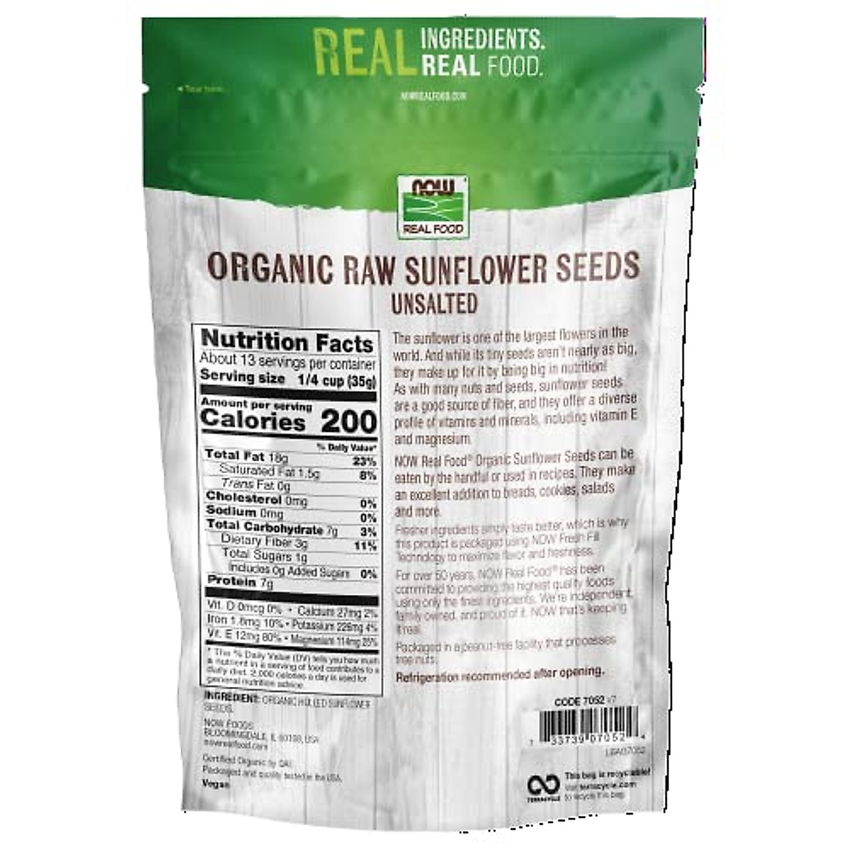 NOW Foods, Certified Organic Sunflower Seeds, Raw and Unsalted, Source of Fiber and Vitamin E, Hulled for Great Taste, Certified Non-GMO, 16-Ounce (Packaging May Vary)