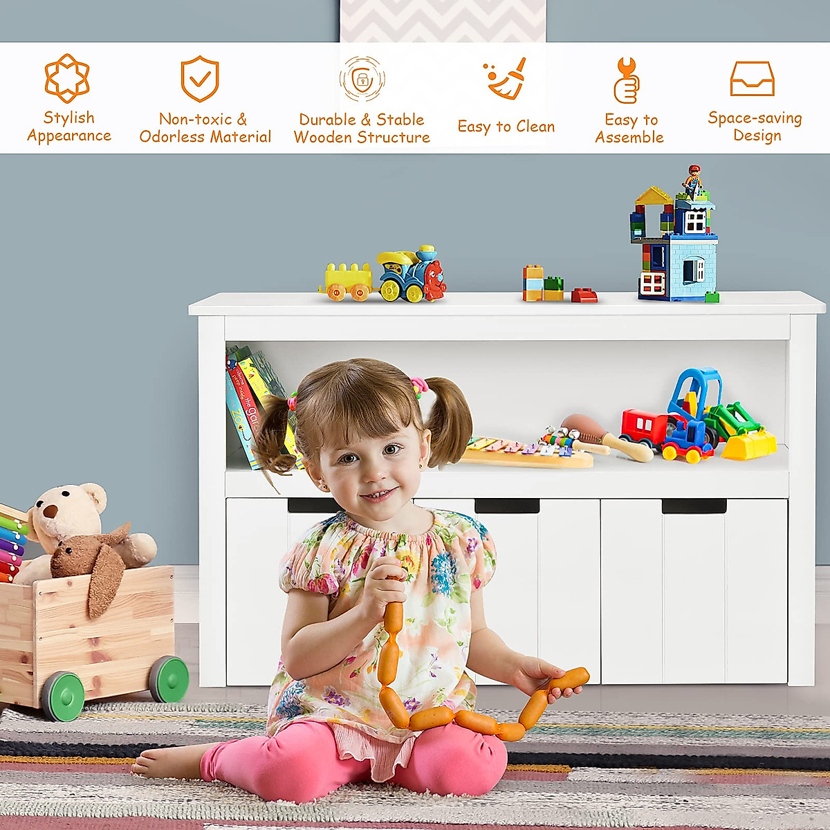 Costzon Toy Storage Organizer, Wooden Toy Bin Chest with 3 Removable Drawers, Rolling Wheels, Large Open Shelf, Toddler Bookshelf for Nursery, Playroom, Kindergarten, Living Room (White)