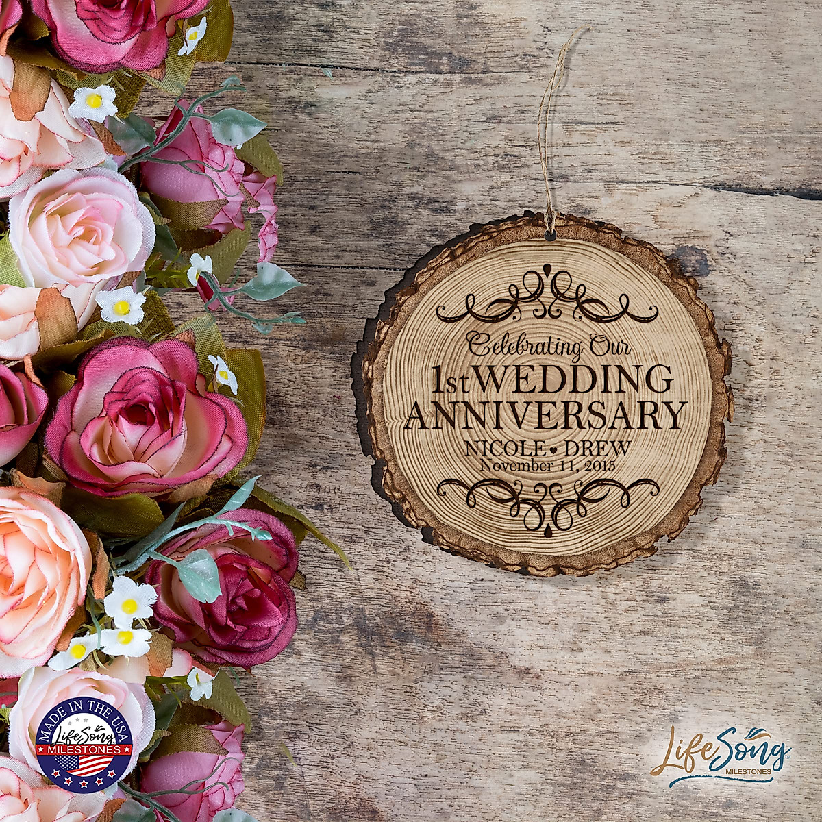 LifeSong Milestones Personalized 1st Anniversary Bark Style Christmas Ornament for 1 Year of Marriage - One Year Wedding Keepsake Gift for Parents Husband Wife him her 3.25” (Bark)