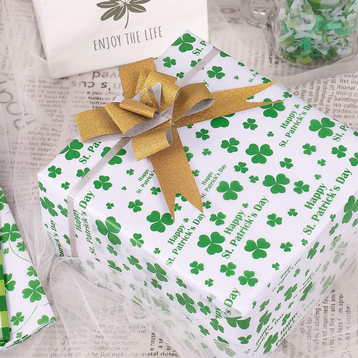 Whaline St. Patrick's Day Tissue Paper 90 Sheet Green Plaid Shamrock Clover Pattern Art Tissue Bulk Irish Spring Holiday Wrapping Paper for DIY Crafts Party Gift Bag Packing Birthday Favors, 14 x 20"