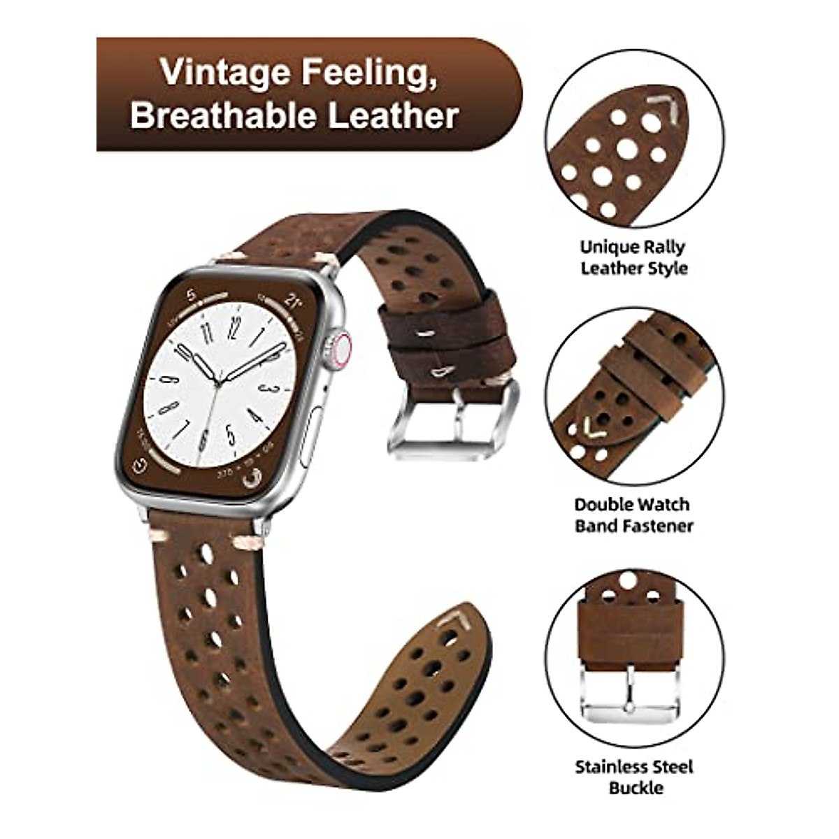 Crodi Compatible with Apple Watch Band Leather 45mm 44mm 42mm Men Retro Band Vintage Genuine Leather Rally Sports Strap for iWatch Bands Series 9 8 7 6 5 4 3 2 1 SE, Retro Walnut/Silver