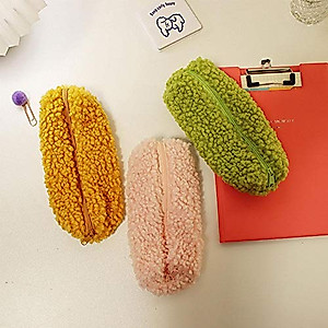 QIANSHENG 5 Pack Faux Lambswool Pencil Case Cute Plush Fuzzy Pen Pouch Bag Kawaii Zipper Cosmetic Bag Make Up Organizer School Office Supplies(Pink, Gray, White,Yellow,Brown)
