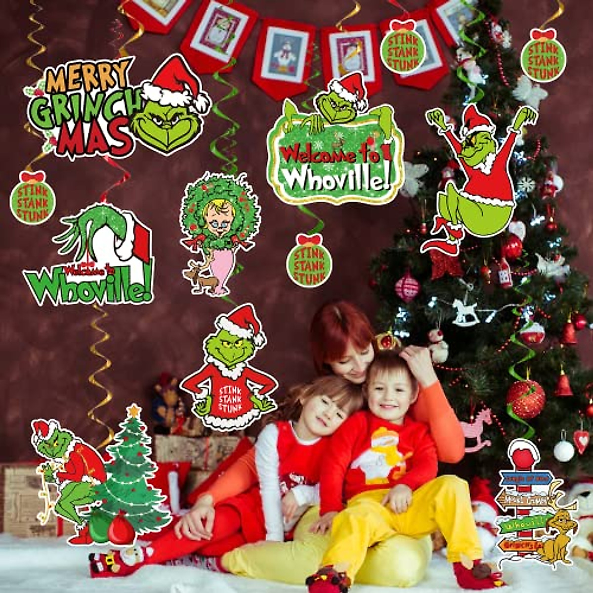 36 Pcs Whoville Christmas Decorations Hanging Swirls,NO-DIY Whoville Decorations Green Monster Christmas Decorations, Welcome to Whoville Hanging Decorations for Green Monster Party Decorations