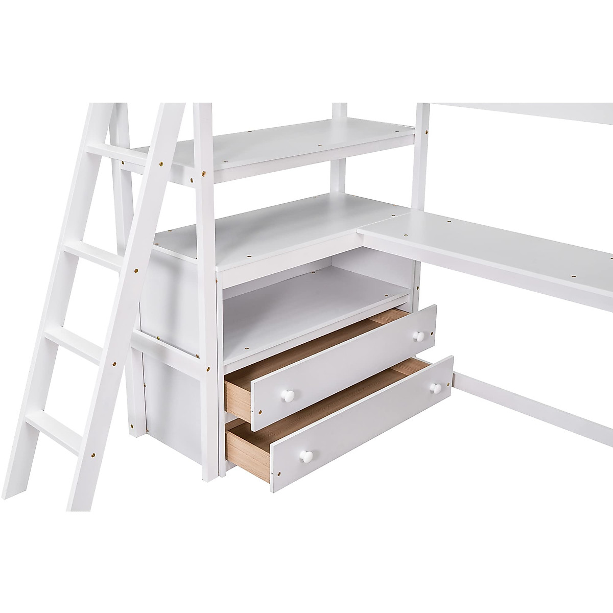 MERITLINE Twin Loft Bed with Desk and Storage, Wooden Loft Bed Twin with Shelves and Two Built-in Drawers for Kids Teens Boys Girls,No Box Spring Needed,White