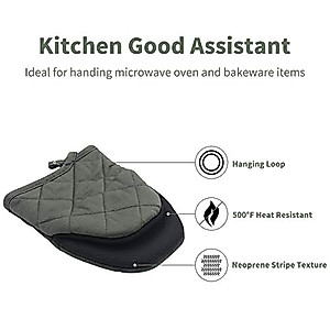 1 Pair Short Oven Mitts, Heat Resistant Silicone Kitchen Mini Oven Mitts for 500 Degrees, Non-Slip Grip Surfaces and Hanging Loop Gloves, Baking Grilling Barbecue Microwave Machine Washable (Gray)