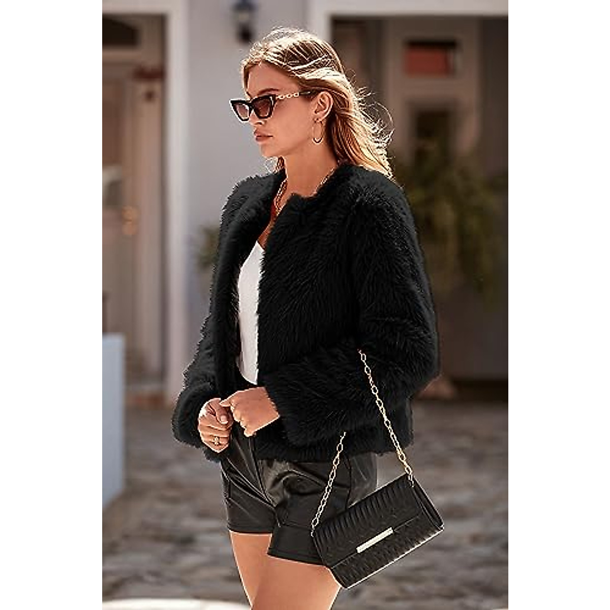 PRETTYGARDEN Women's 2023 Winter Coats Fleece Cropped Jacket Faux Fur Long Sleeve Pockets Shaggy Warm Outerwear Fall Clothes (Black,Medium)