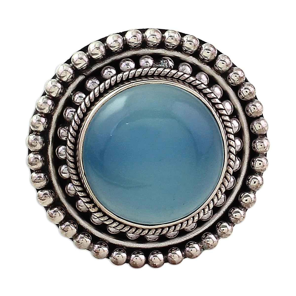 NOVICA Artisan Handmade Blue Chalcedony Cocktail Ring Round Sterling Silver India Gemstone [ring Front 0.3 in H x 0.9 in Diam. Band Width 3 mm W] ' Azure Skies'