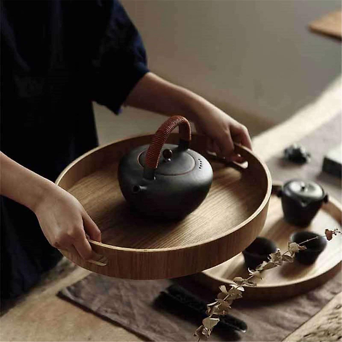 16 Inch Round Serving Tray Natural Bamboo Wood Food Tray with Cut-Out Handles for Serving Tea, Coffee, Snacks, Water, Drinks