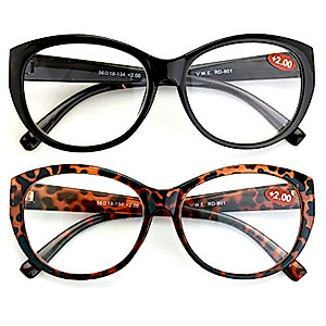 2 Pairs Deluxe Women Reading glasses - Magnified Readers Cateye Vintage Jackie Oval (1 Black 1 Tortoise, 1.25)