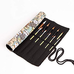 20 Slots Artist Paint Brush Roll Up Bag Holder Canvas Pouch Makeup Case Organizer Rollup Protection（Without Brushes） (Cat/B)