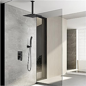 SR SUN RISE 12 Inch Ceiling Mount Matte Black Shower System Bathroom Luxury Rain Mixer Shower Combo Set Ceiling Rainfall Shower Head System Faucet Trim Repair Kits Rough-in Valve and Trim Included