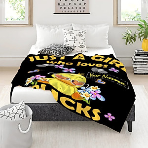 Just A Girl Who Loves Ducks Personalized Blanket Cute Duck Custom Name Throw Blankets Gifts for Girl Boys Flannel Fleece Cartoon Kawaii Animal Customized Blankets for Kids Lap Chair Bed 50x40In