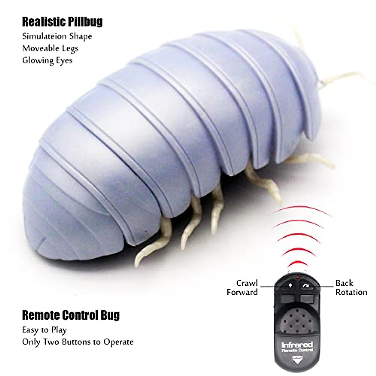 Tipmant RC Bug Remote Control Worm Realistic Pillbug Electronic Animal Prank Toy Insect Car Vehicle Kids Birthday Gifts (White)