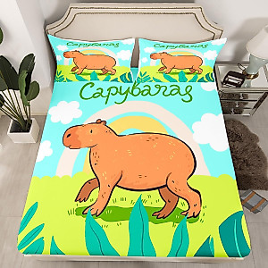 Erosebridal Cute Capybara Bed Sheets Set Full Size Rainbow Sheet Set 4 Piece Kawaii Rodent Animals Capybaras Fitted Sheet Green Palm Leaves Print Flat Sheet Funny Capybaras Sheets