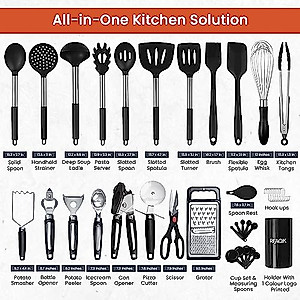 40PCs Silicone Cooking Utensils Set 446℉ Heat Resistance, RFAQK BPA Free Kitchen Utensils Set for Nonstick Cookware, Gadgets includes Can Opener, Potato Smasher,Peeler,Tongs,Spatula Set,Pizza Cutter