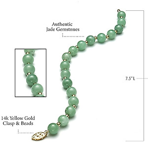 14k Gold Natural Green Jade Bead Bracelet, 7.5"