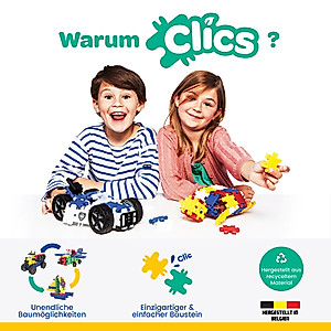 Clics Basic Set of 377 Pieces, Construction Toys for 3 Year Old Boys and Girls, rollerbox of Blocks to Learn Shapes and Colors, Educational STEM Toys. No BPA, PVC. Dishwasher Safe, Recycled Plastic.