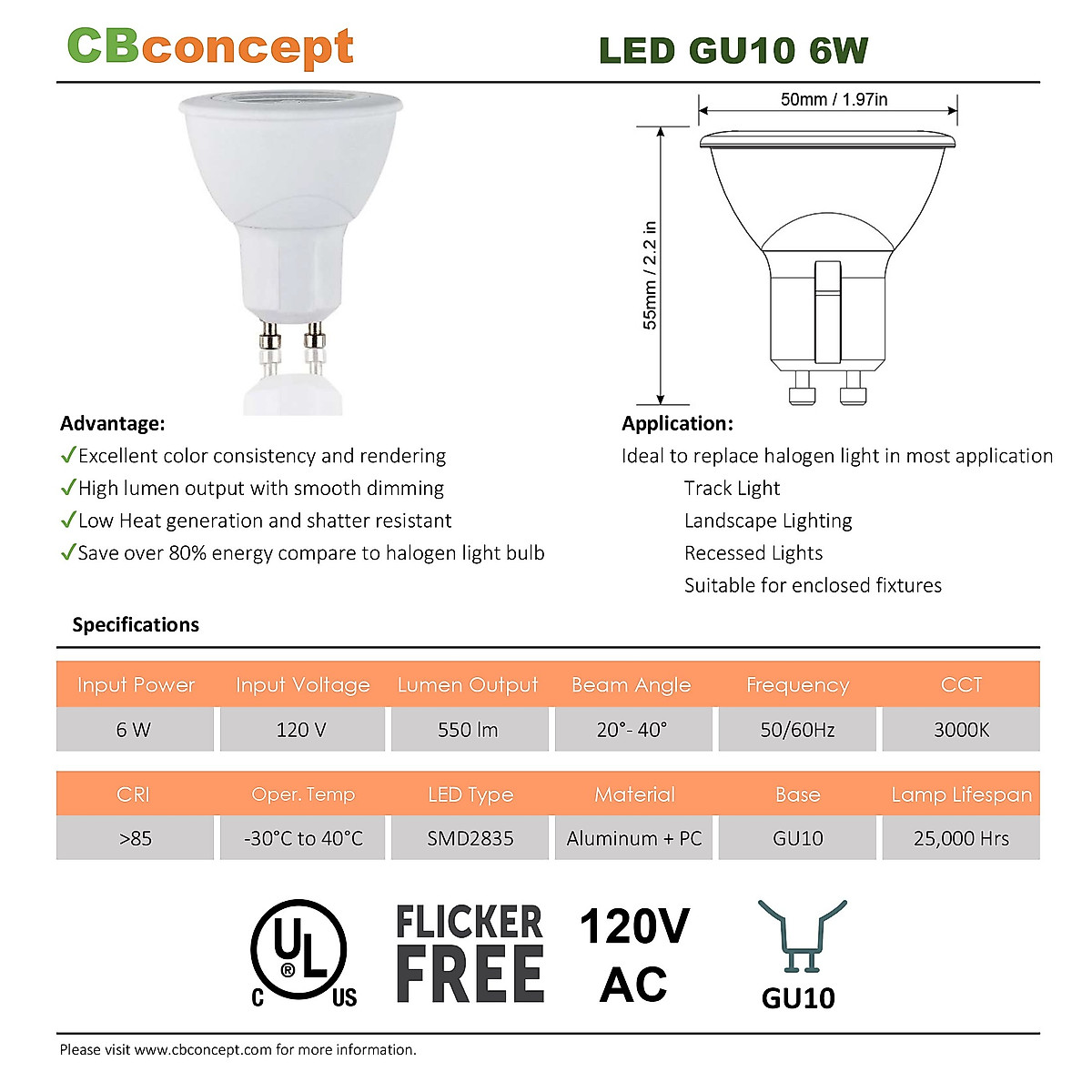 CBconcept UL-Listed GU10 LED Light Bulbs, 5-Pack, 6 Watt, 550 Lumen, Warm White 3000K, 50W Halogen Equivalent, 36°Beam Angle, 120 Volt,Not Dimmable,Recessed/Track Lighting | Designed in San Francisco