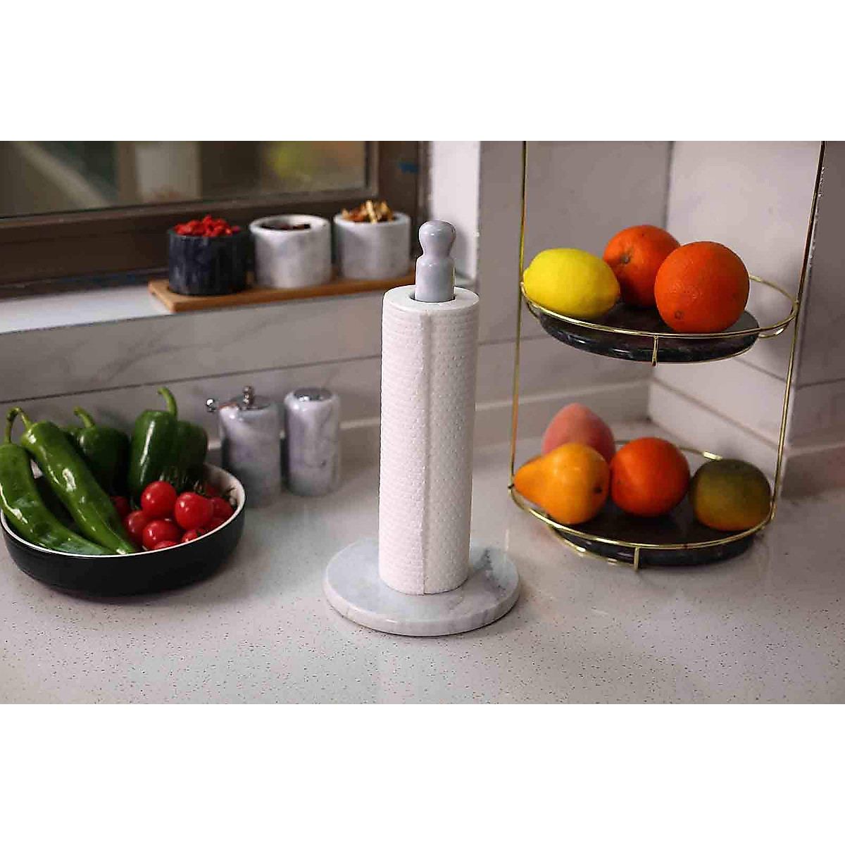 Homicoker Natural Marble Paper Towel Holder Polished, Natural Marble Upright Paper Holder Kitchen Towel Dispenser, Cloudy Grey Color