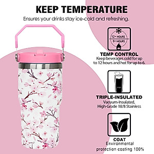 Hachishun 20 oz Cherry Blossom Tumbler with Handle Tumblers with Flip Straw and Top Handle Stainless Steel Coffee Mug Cherry Blossom Cup