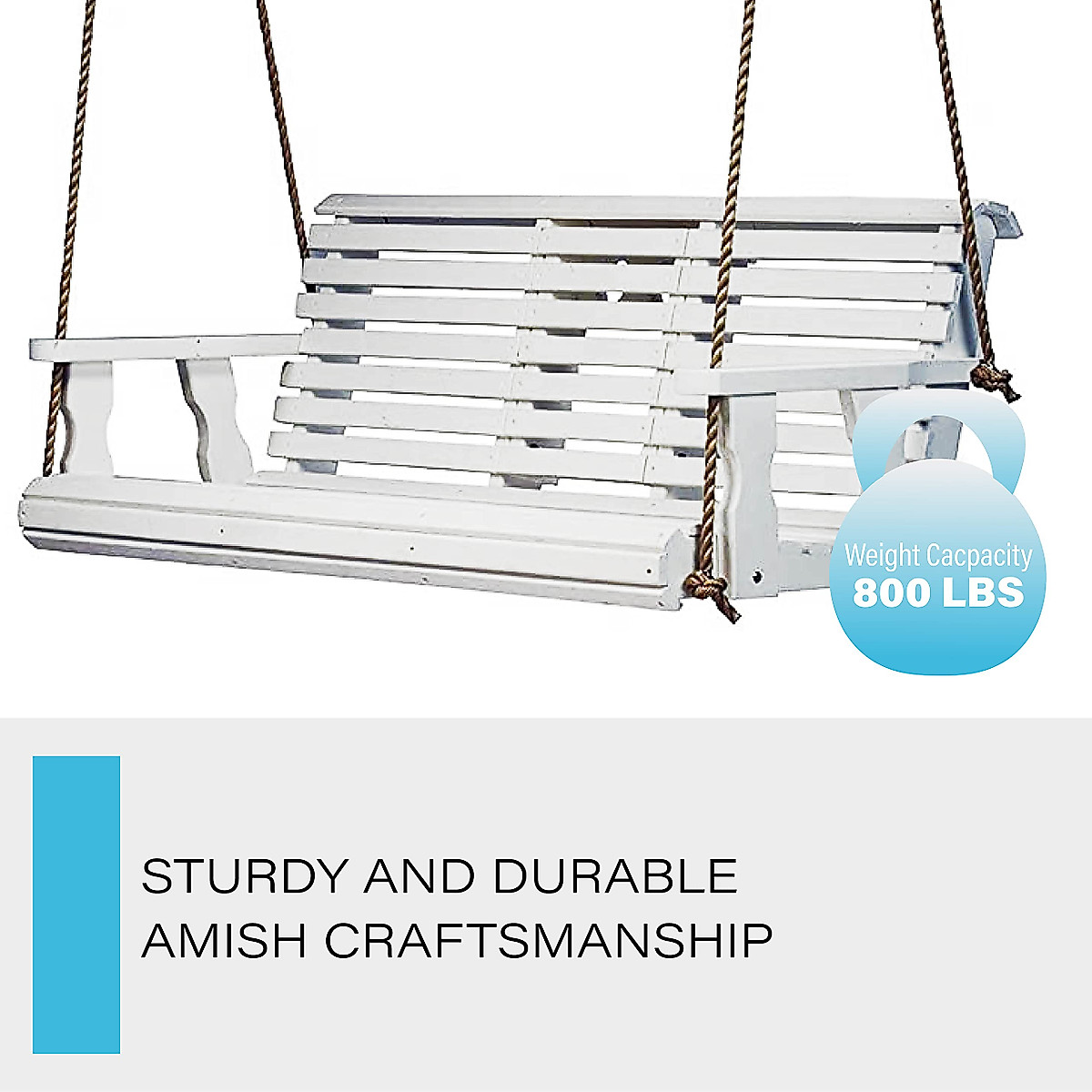 Porchgate Amish Heavy Duty 800 Lb Rollback Console Treated Porch Swing with Hanging Ropes (Semi-Solid White Stain)