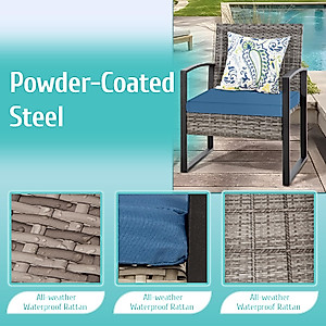 3 Piece Outdoor Patio Bistro Set, Wicker Table and Chairs Set of 2, All-Weather Rattan Balcony Furniture Set for Front Porch Apartment, Grey/Blue