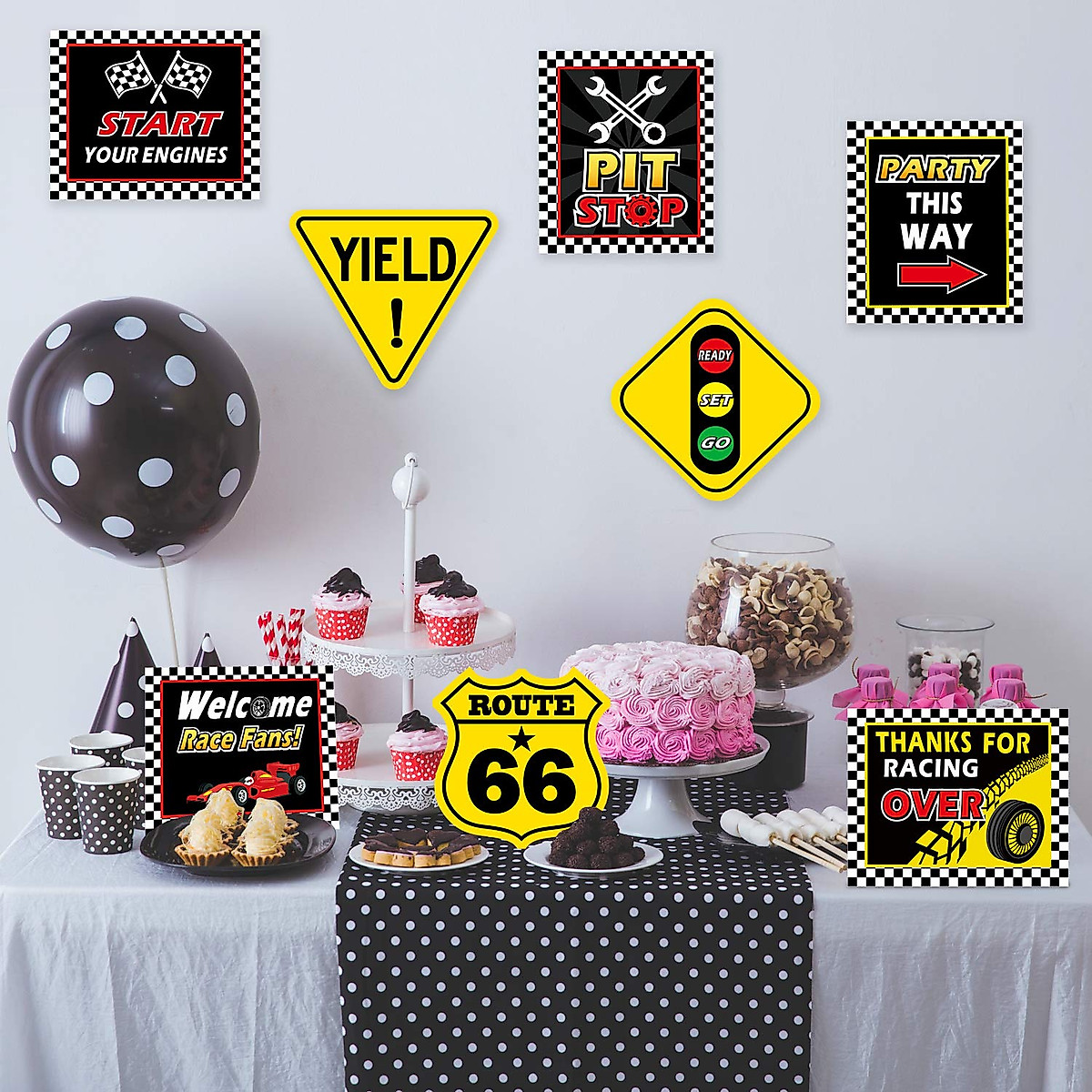 12 Pieces Racing Signs Race Car Party Decorations, 9.8-11.8 Inch Laminated Car Racing Decoration, Traffic Signs Cutouts, Road Racing Themed Party Signs, Racing Cutouts with 40 Glue Point Dots